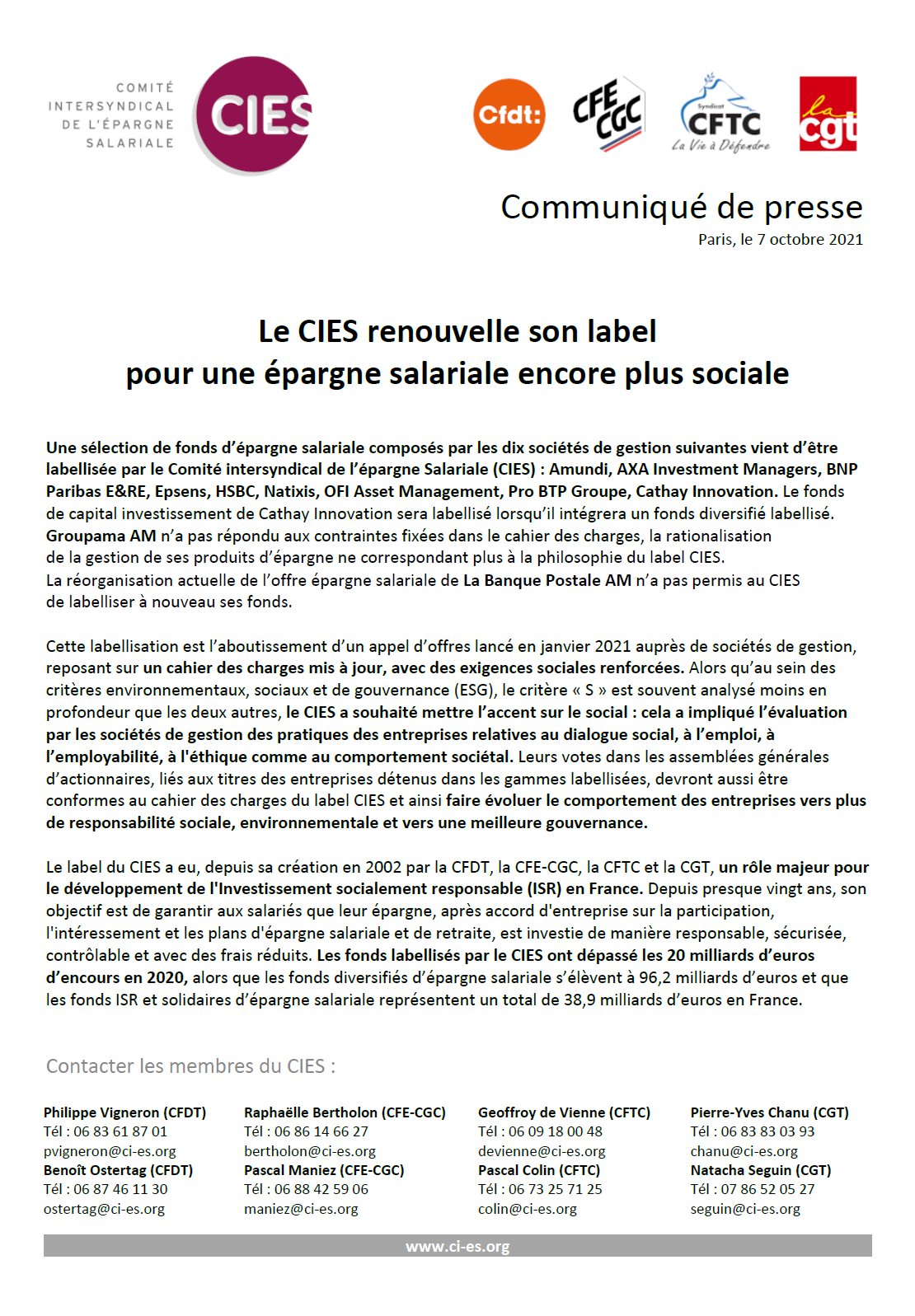 [COMMUNIQUE DE PRESSE] Le CIES renouvelle son label pour une épargne ...